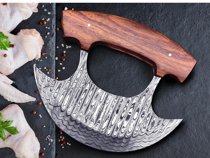 Mix Ladder Pattern Damascus Ulu Knife With Brass Pins for One-handed ...