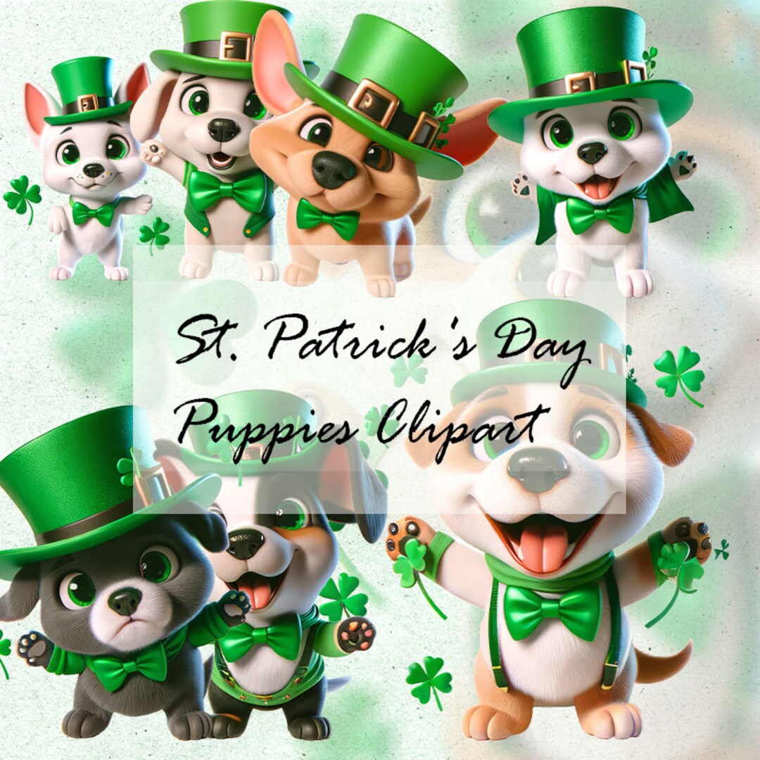 St. Patrick's Day Puppies Clipart, Joyful Pups in Green Hats and Bows ...
