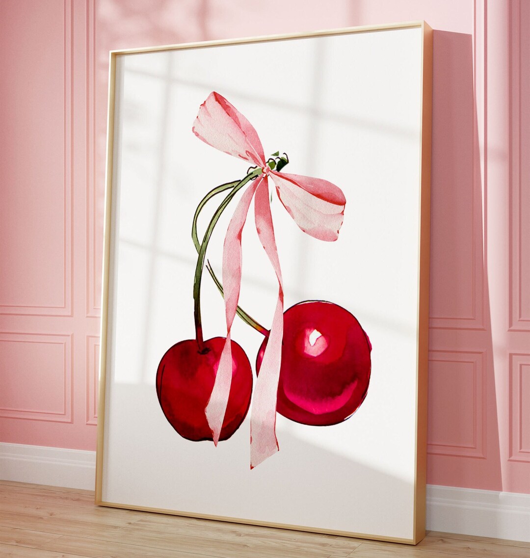 Cherry Wall Art Print, Printable Feminine Poster, Coquette Pink Bow Soft Girl Bedroom Decor ...