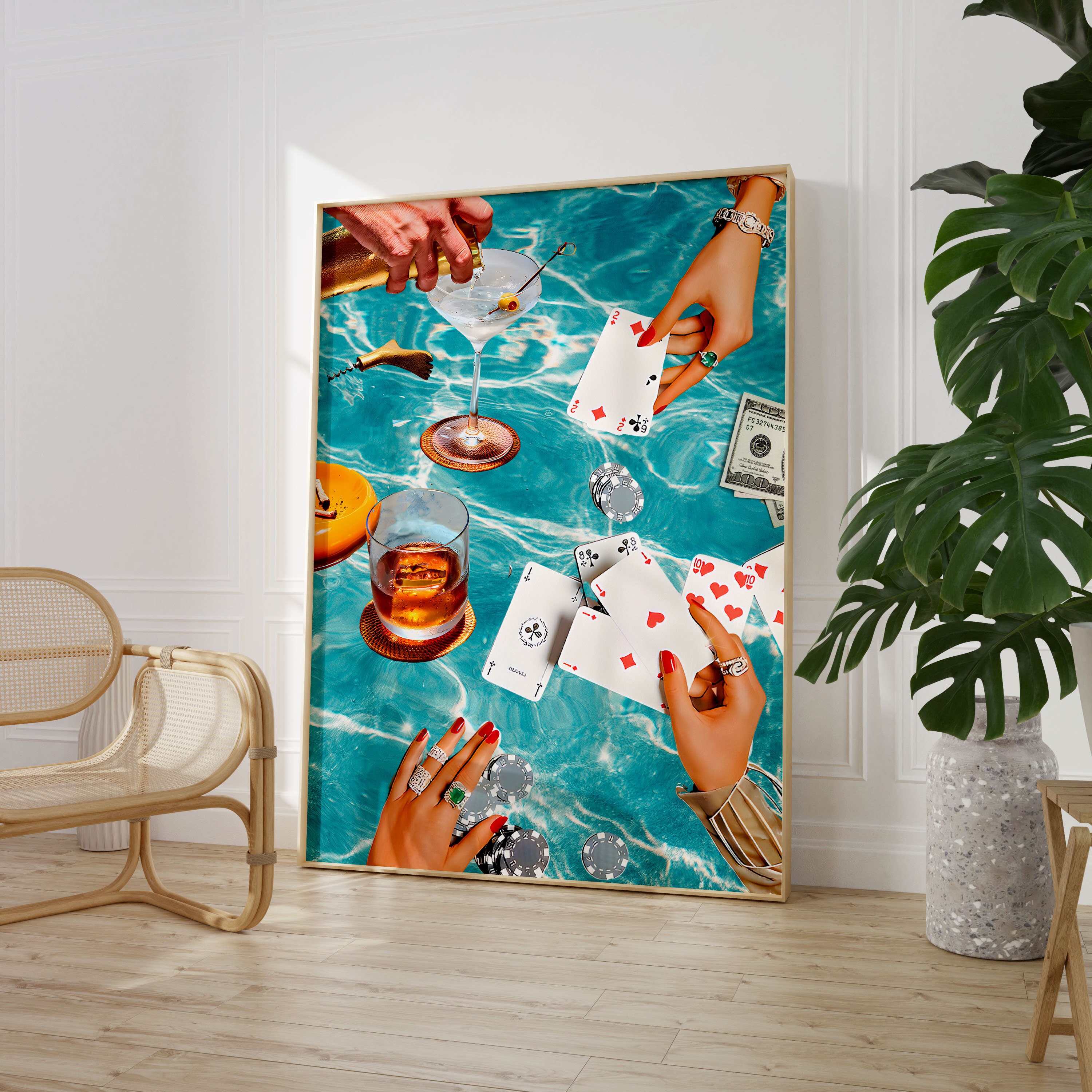 Vintage Blue Playing Cards Wall Print, Blue Poker Night Cards & Drinks ...