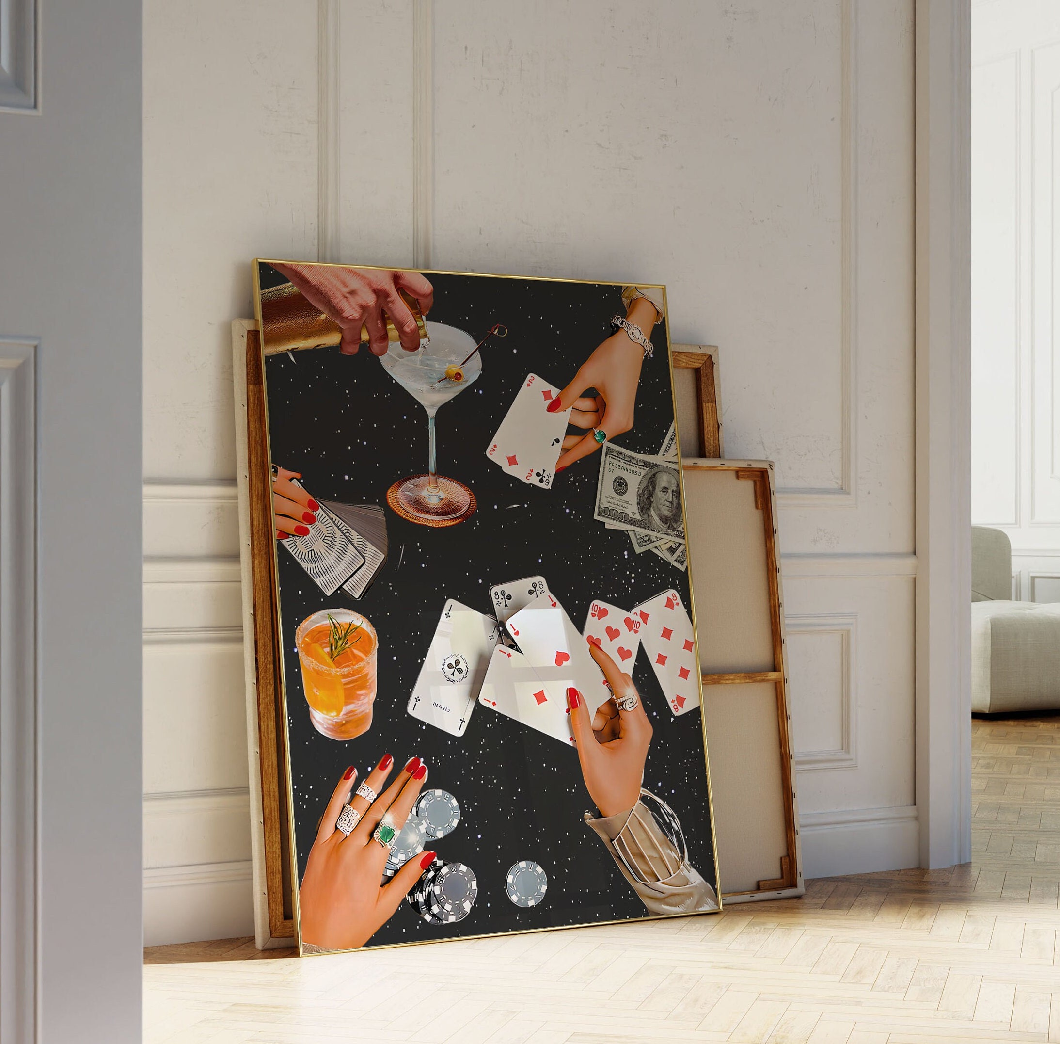 Vintage Playing Cards Wall Print, Retro Poker Night Cards & Drinks ...