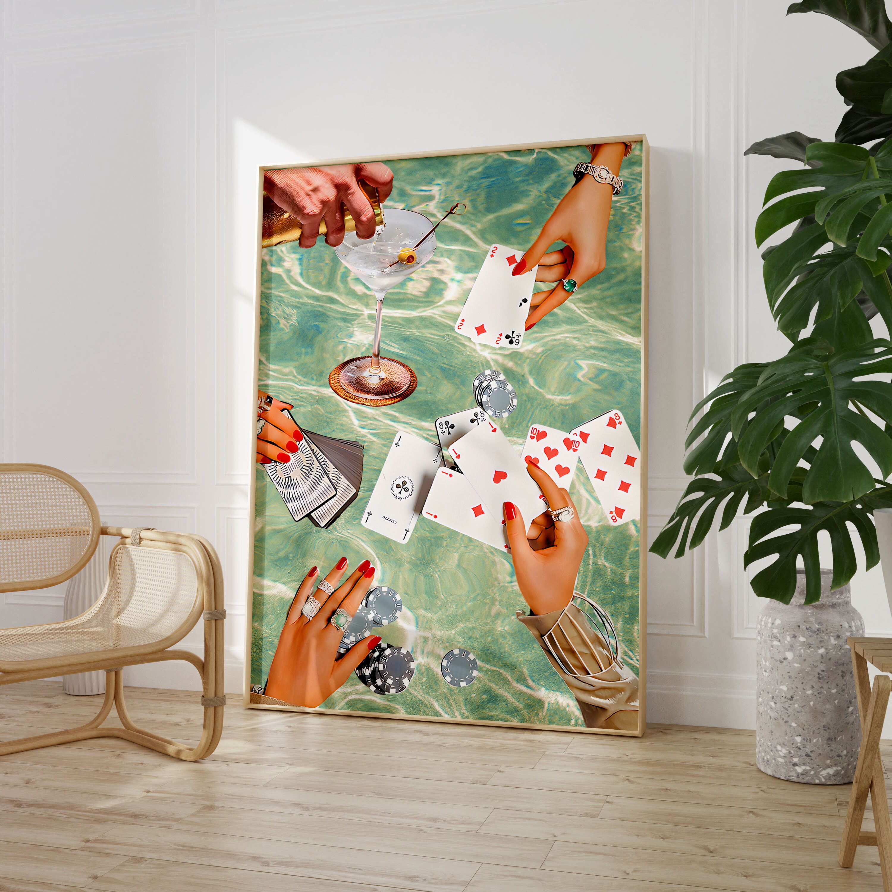 Vintage Playing Cards Wall Print, Retro Poker Night Cards & Drinks ...