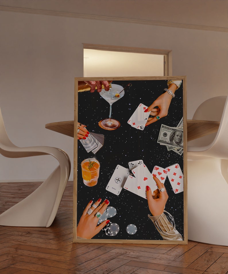 Vintage Playing Cards Wall Print, Retro Poker Night Cards & Drinks ...