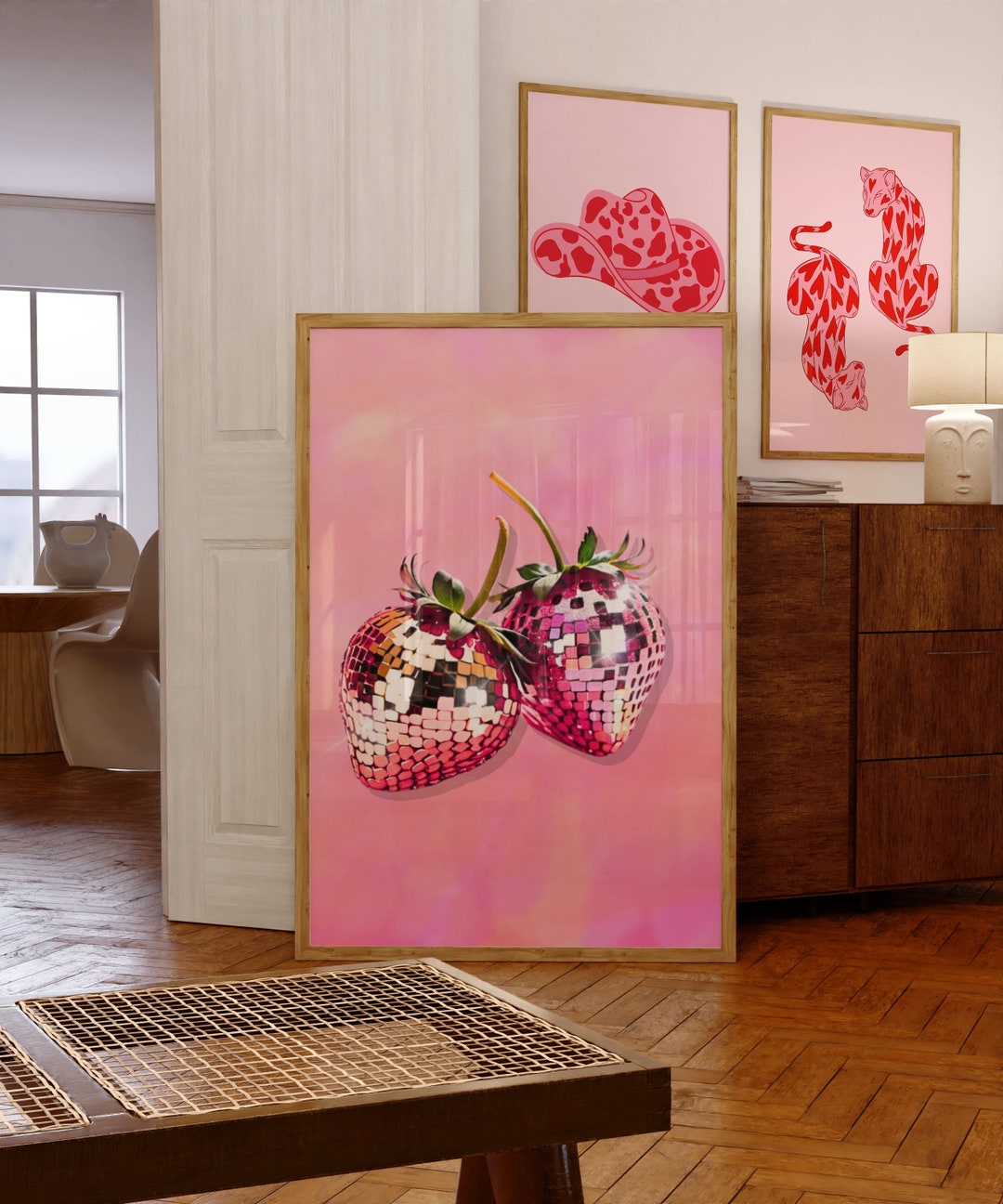 Disco Pinky Strawberries Wall Art Print, Bar Cart Art Preppy Disco Ball ...