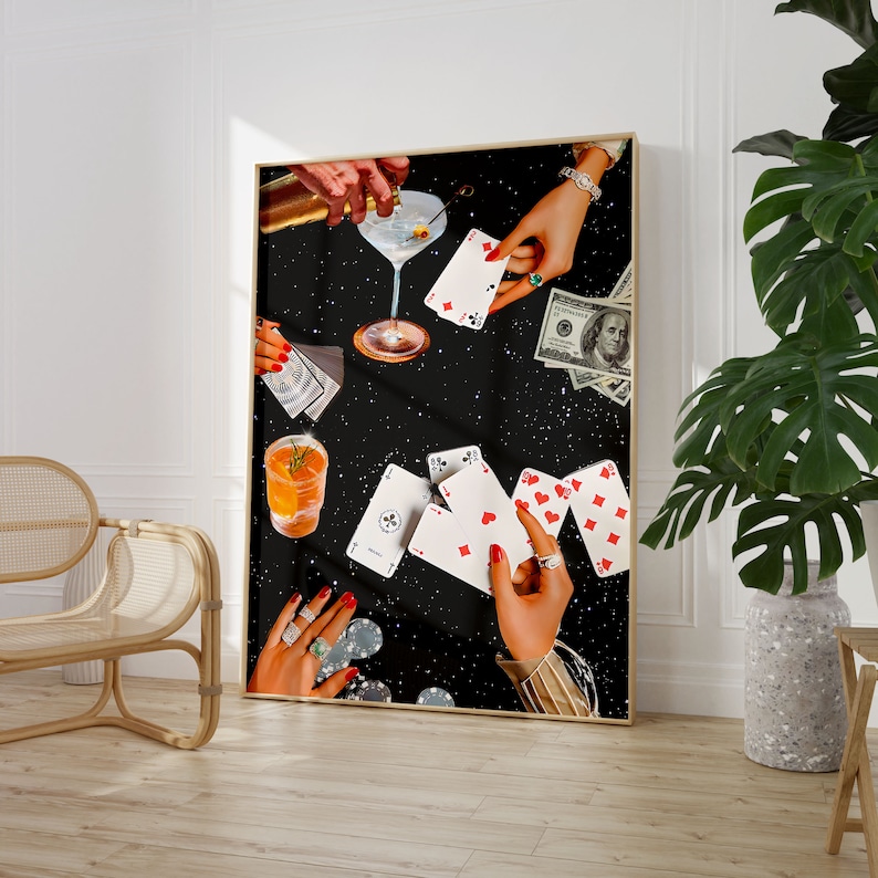 Vintage Playing Cards Wall Print, Retro Poker Night Cards & Drinks ...