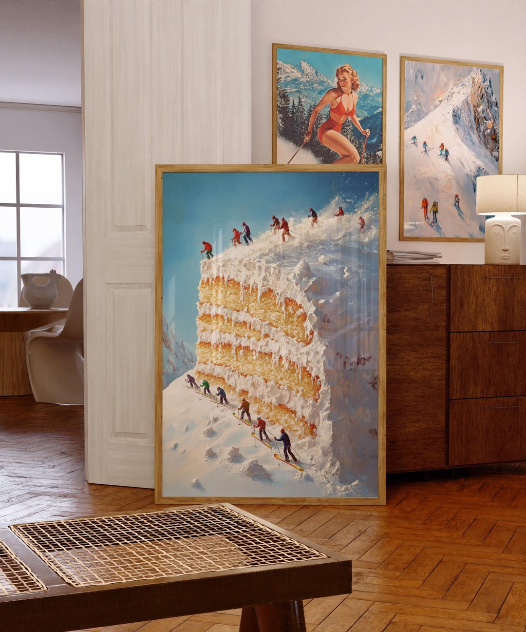 Retro Funky Apres Ski Wall Art Mini Skiers on Frosty Cake Print Cozy ...