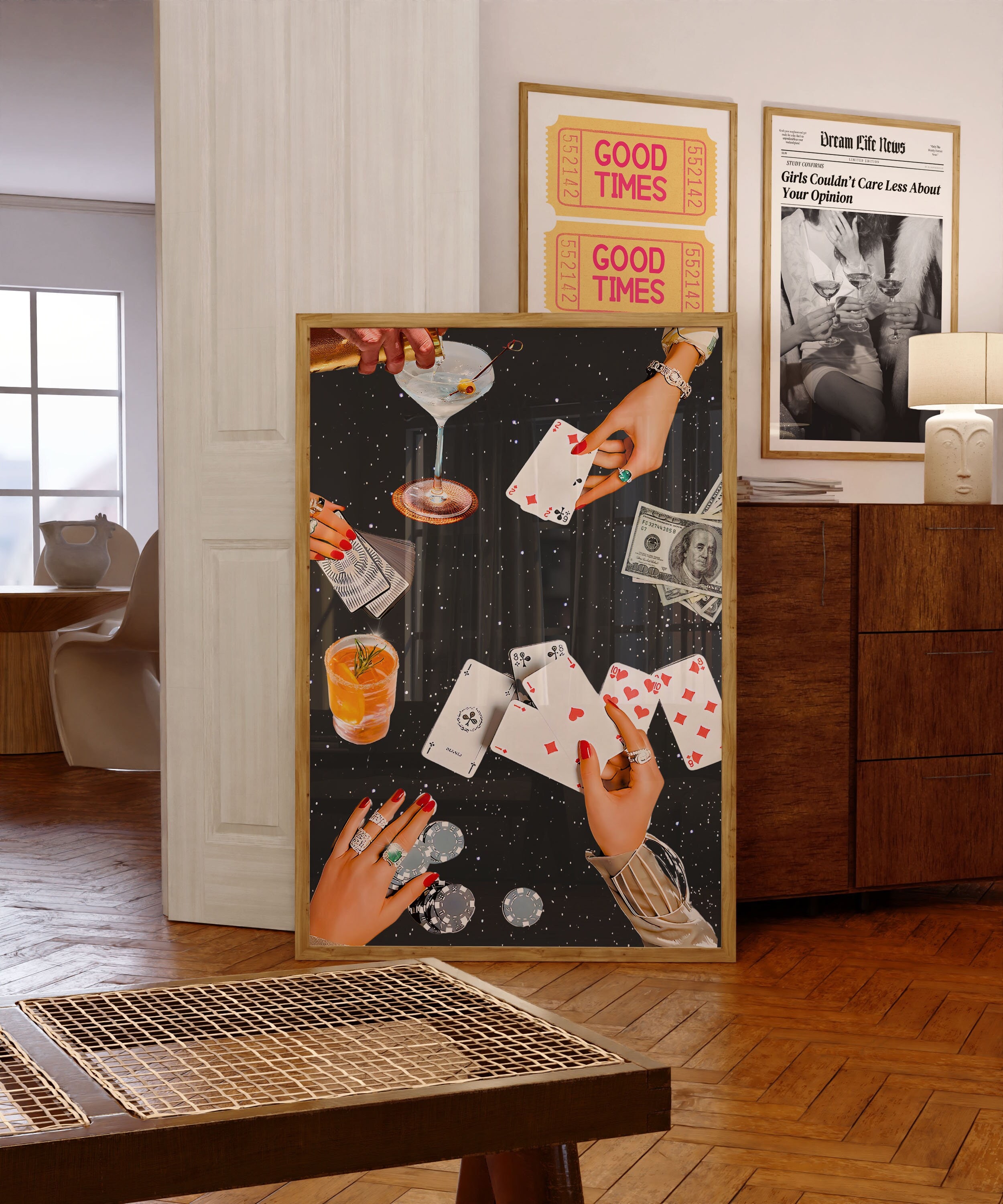 Vintage Playing Cards Wall Print, Retro Poker Night Cards & Drinks ...
