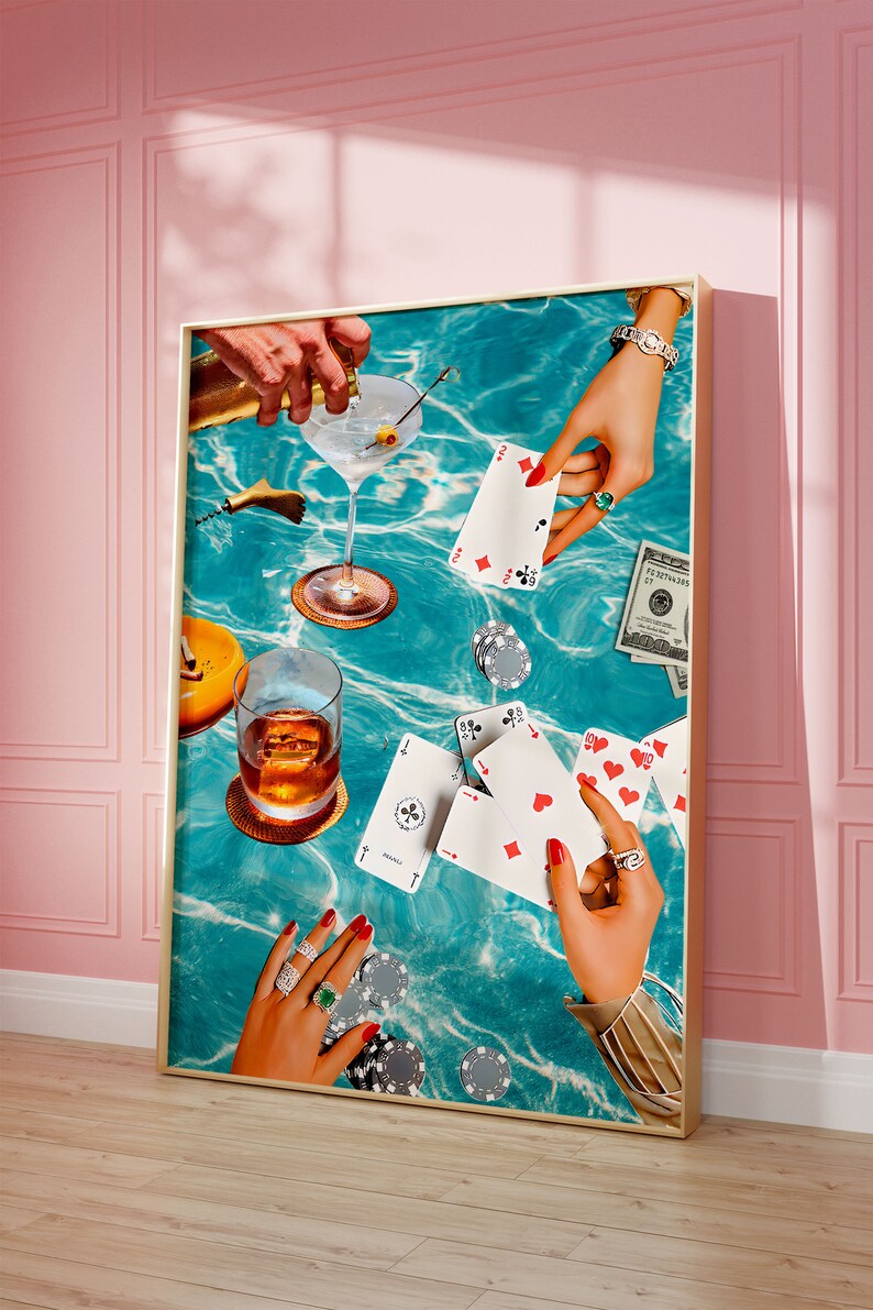 Vintage Blue Playing Cards Wall Print, Blue Poker Night Cards & Drinks ...