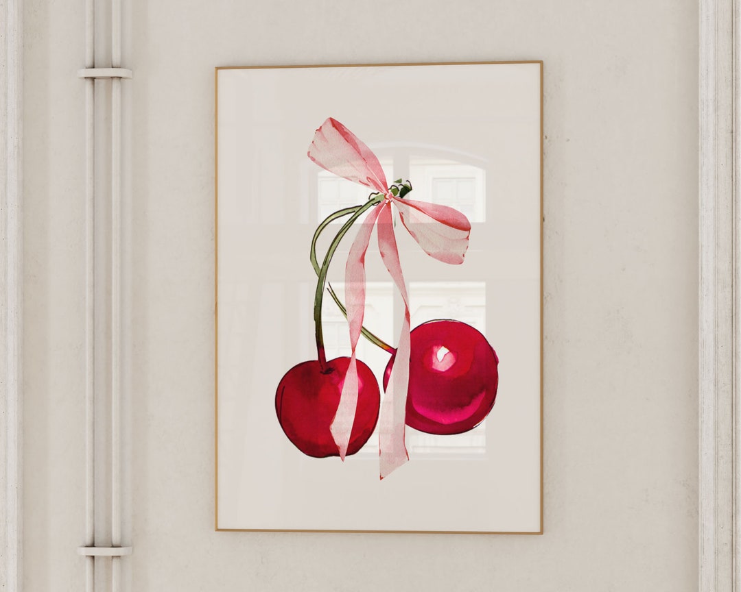 Cherry Wall Art Print, Printable Feminine Poster, Coquette Pink Bow Soft Girl Bedroom Decor ...
