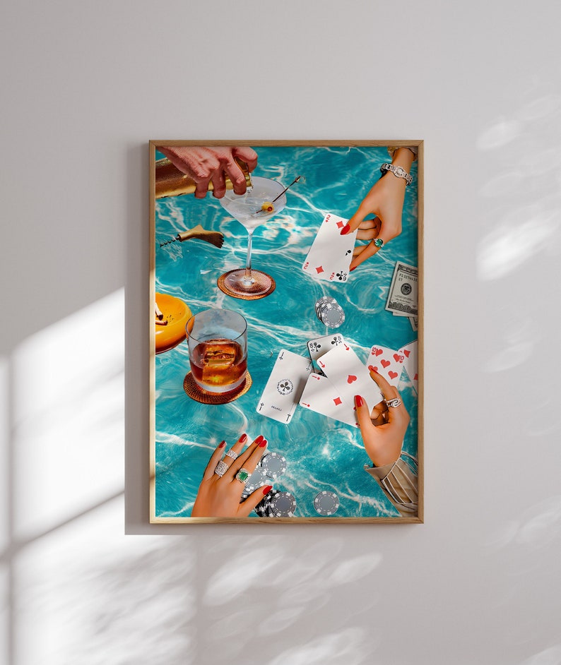 Vintage Blue Playing Cards Wall Print, Blue Poker Night Cards & Drinks ...