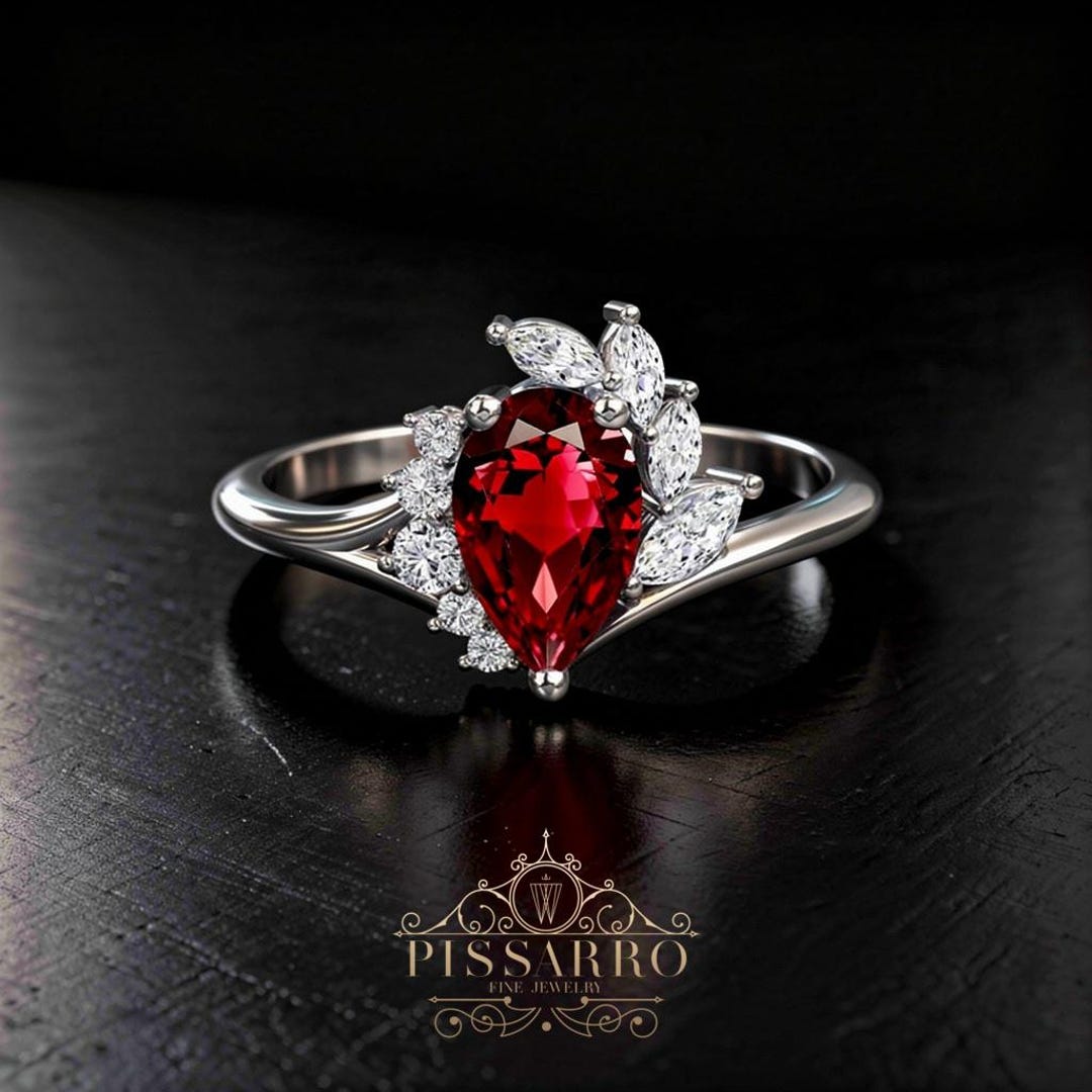 Pear Shaped Ruby Engagement Ring. 1ct Teardrop Cluster Diamond Bridal ...