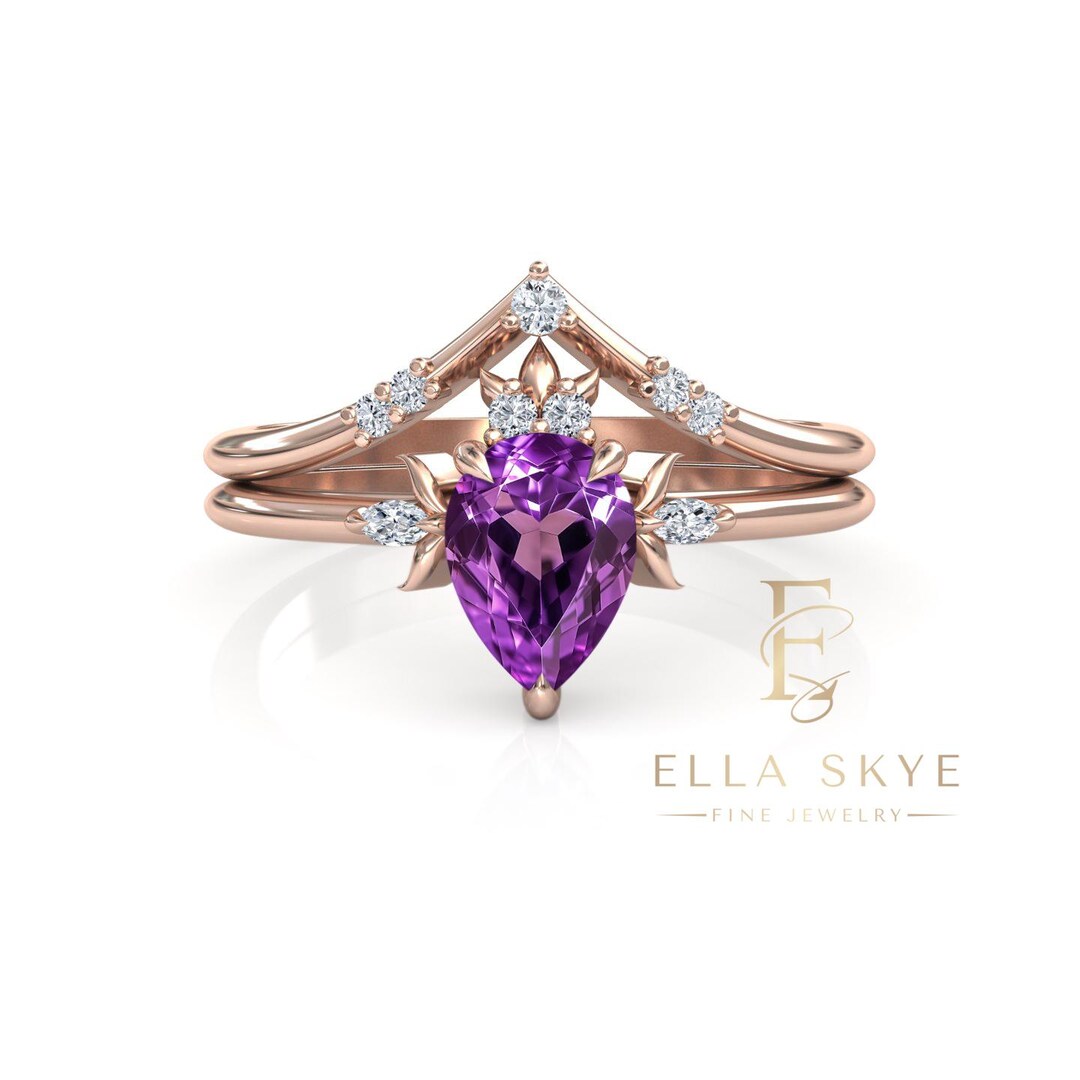 Pear Shape Amethyst Engagement Ring. Wedding Band Set. Solid Gold ...