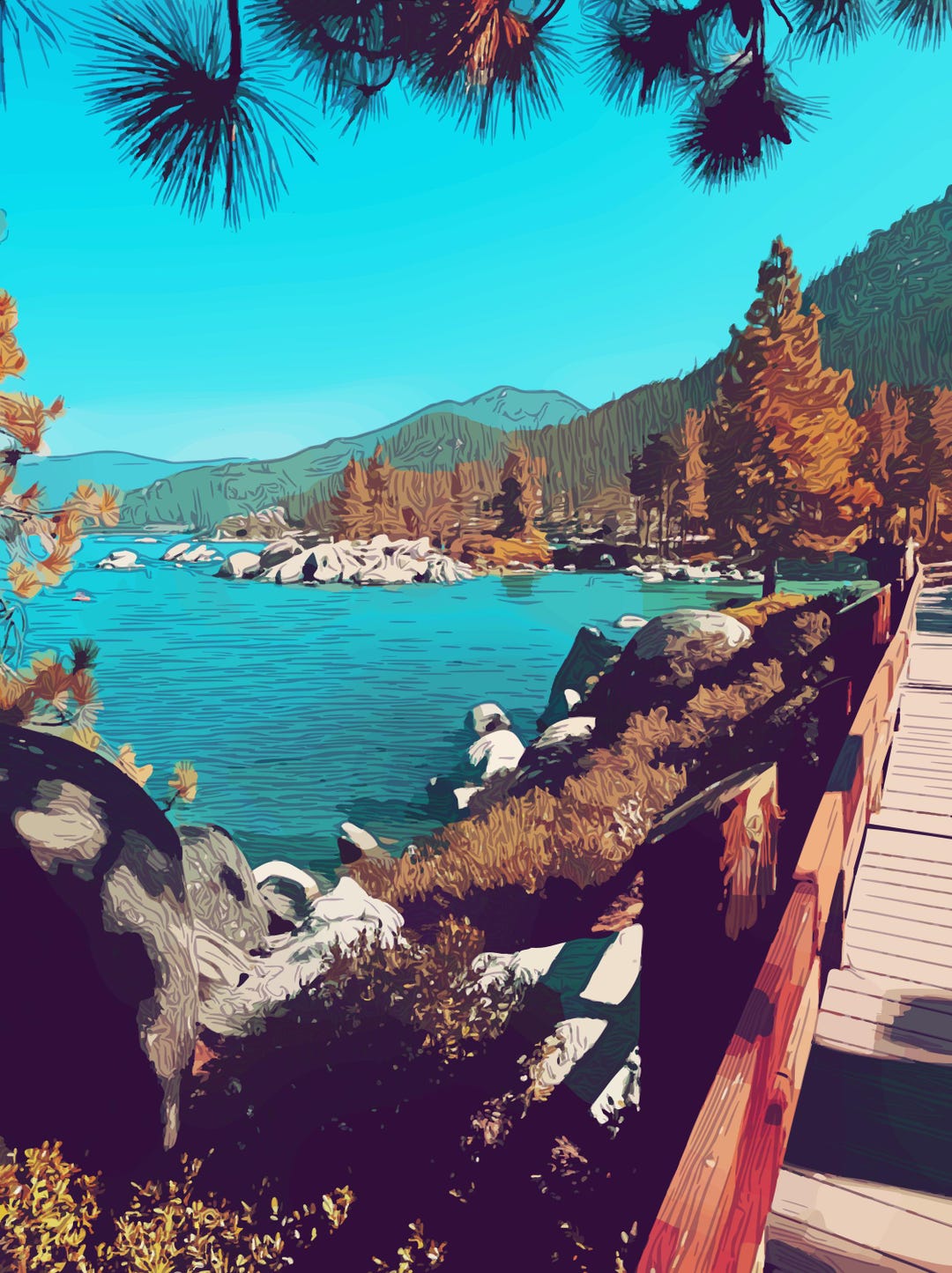 Lake Tahoe Sand Harbor Vector Illustration on Gallery Canvas for Home ...