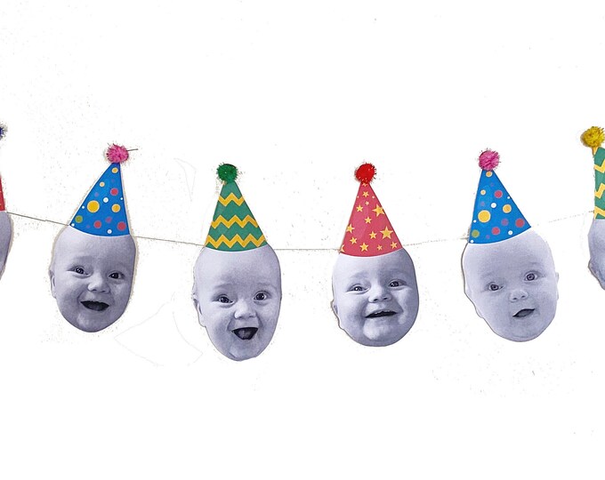 Personalised Face, Happy Head Garland/bunting With Pom Pom Party Hats ...