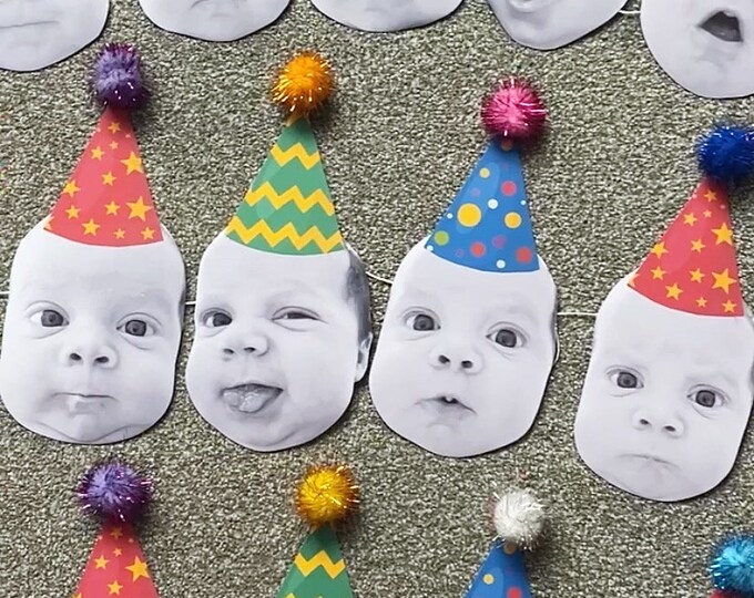 Personalised Face, Happy Head Garland/bunting With Pom Pom Party Hats ...