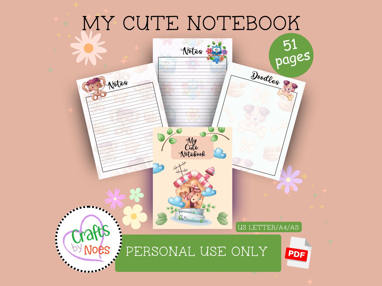 Printable Cute Notebook,lovely Critters for Daily Notes,download,cute ...