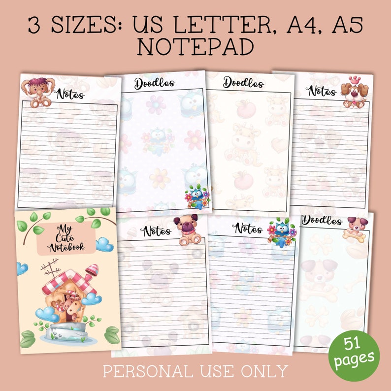 Printable Cute Notebook,lovely Critters for Daily Notes,download,cute ...