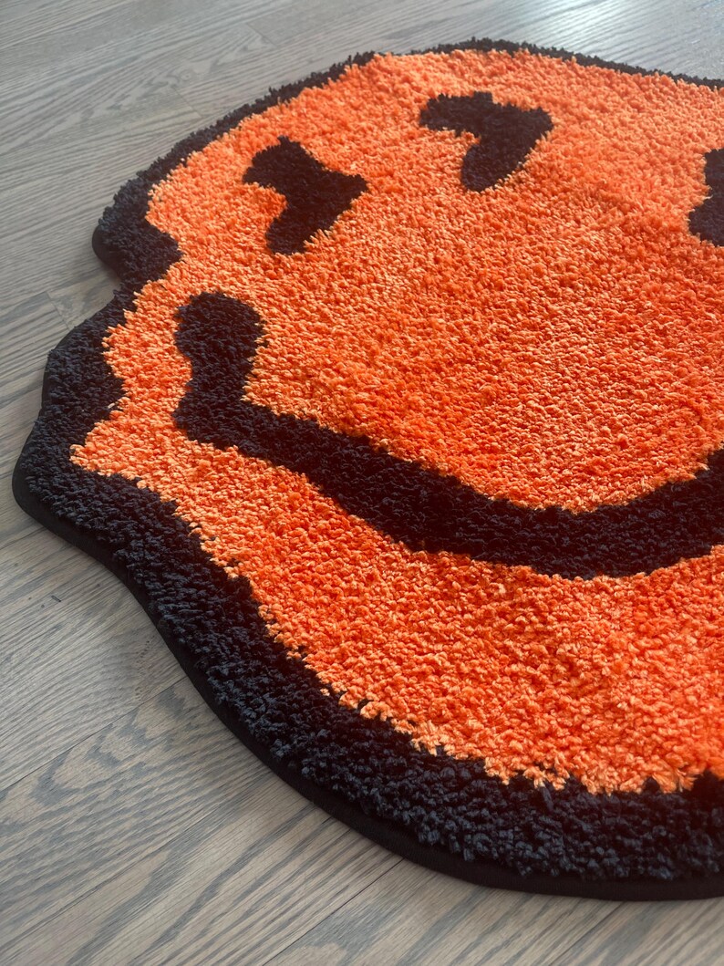 Y2K Trippy Smile Handmade Rug Smiley Face Rug, Orange Rug, Tufted Rug ...