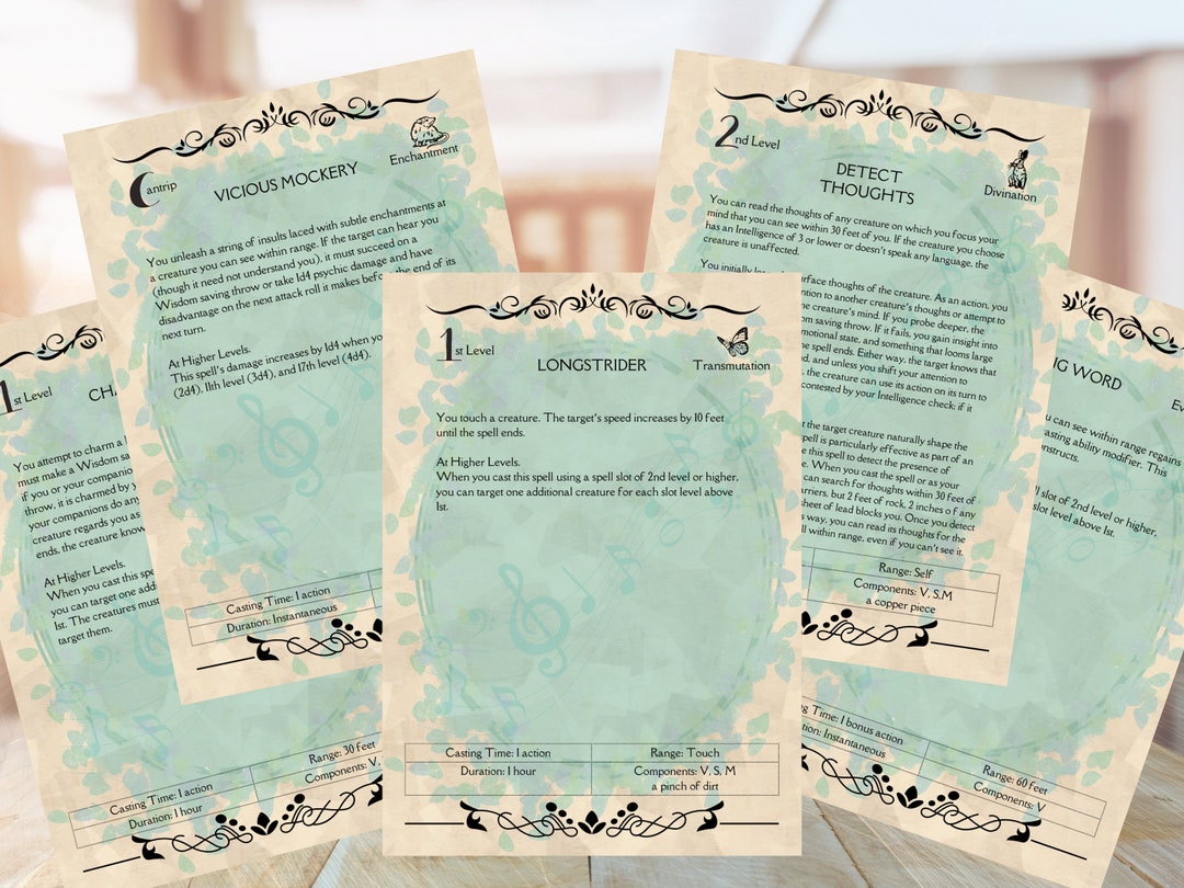 DND 120 Bard Spell Cards PNG, 5x8, 5e Dnd Bard Spellbook, Dungeon ...