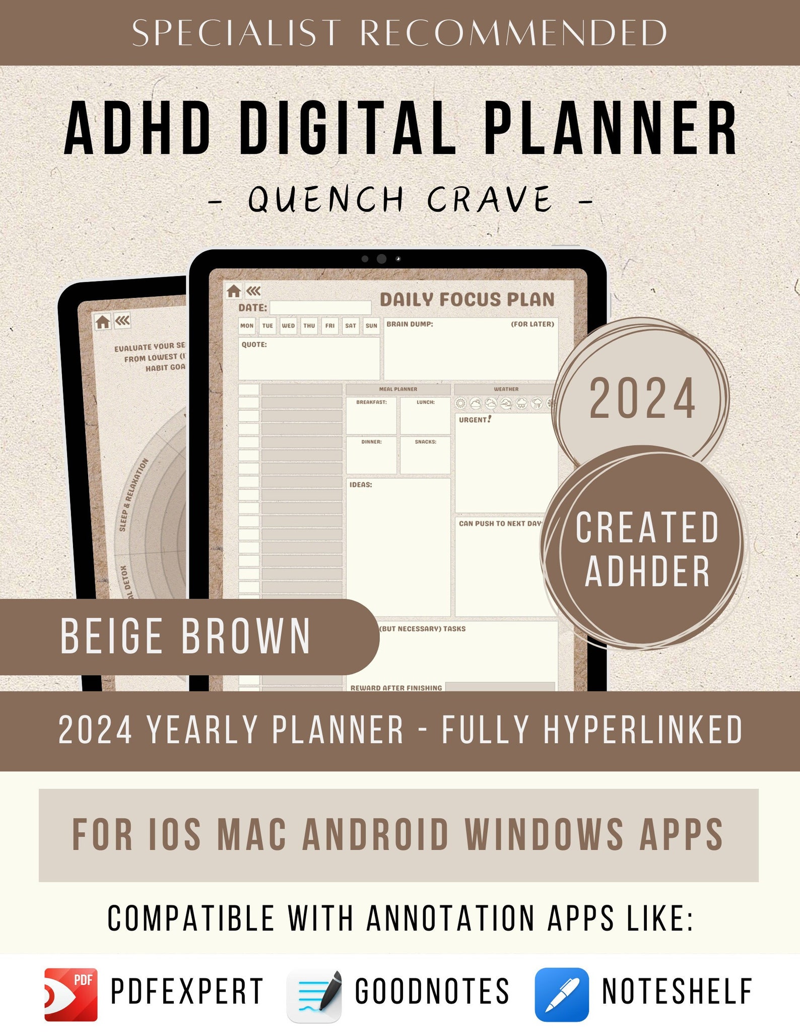 ADHD Digital Planner Beige Brown for iPad iPhone Android Mac. Adult ...