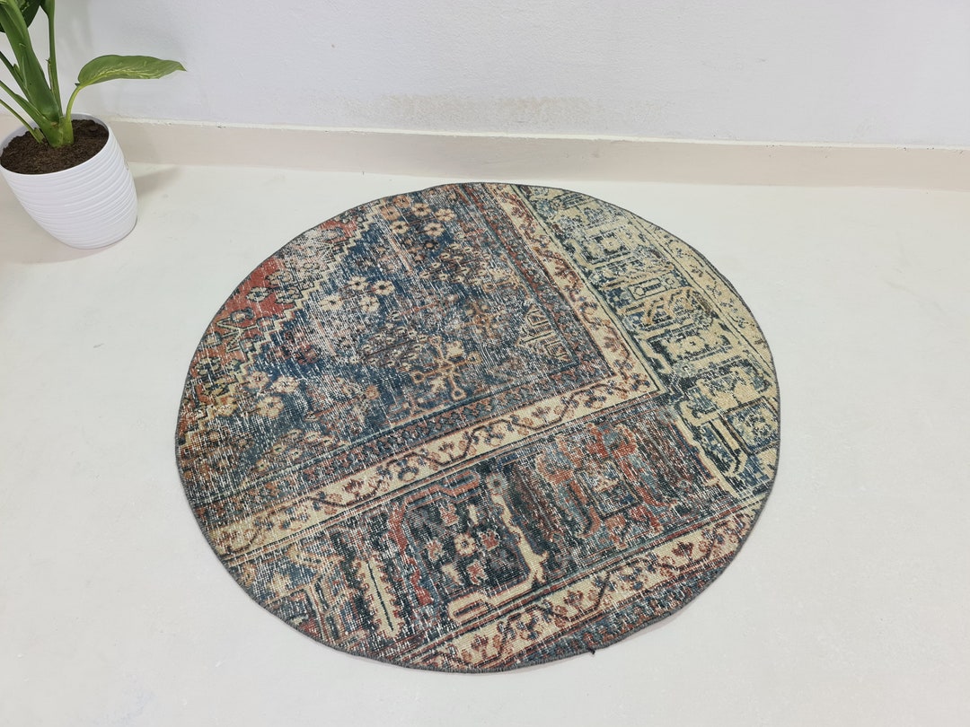 Navy Blue Circle Rug, Vintage Round Carpet, Boho Turkish Rug, Muted ...