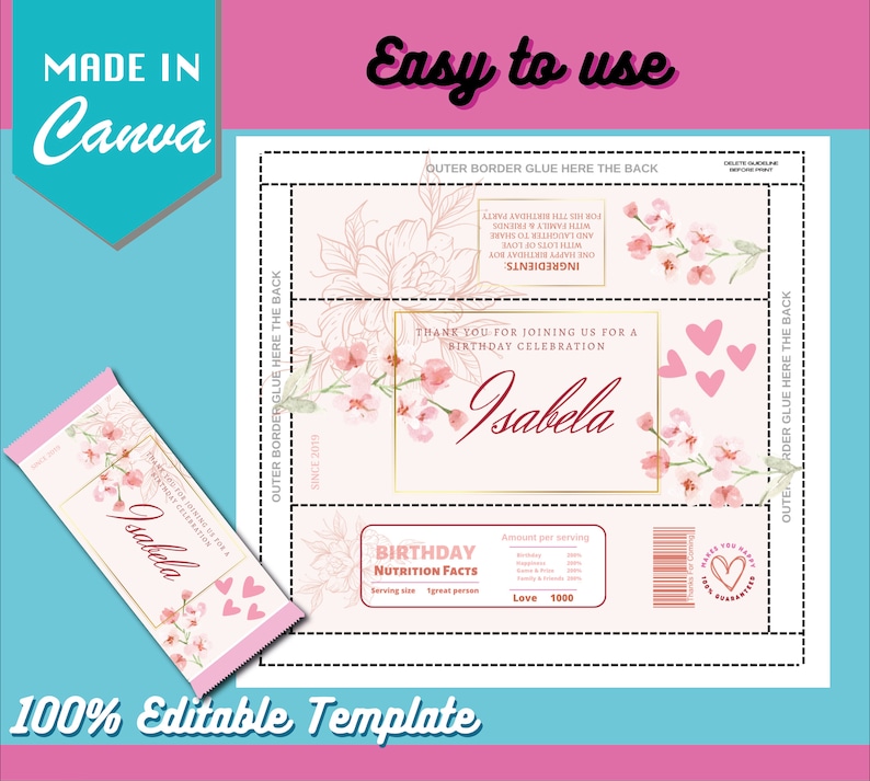 Pink Chocolate Wrapper Template Canva Editable - Etsy
