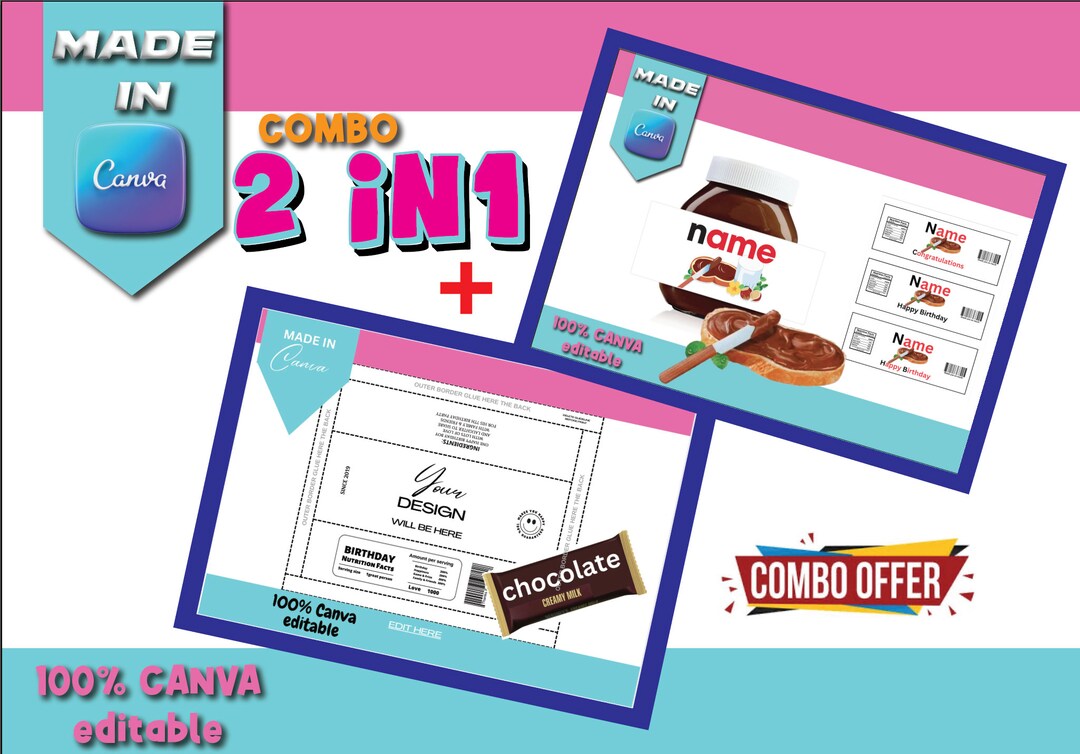 Combo 2 in 1 Blank Chocolate Wrapper Template Canva Editable & Blank ...