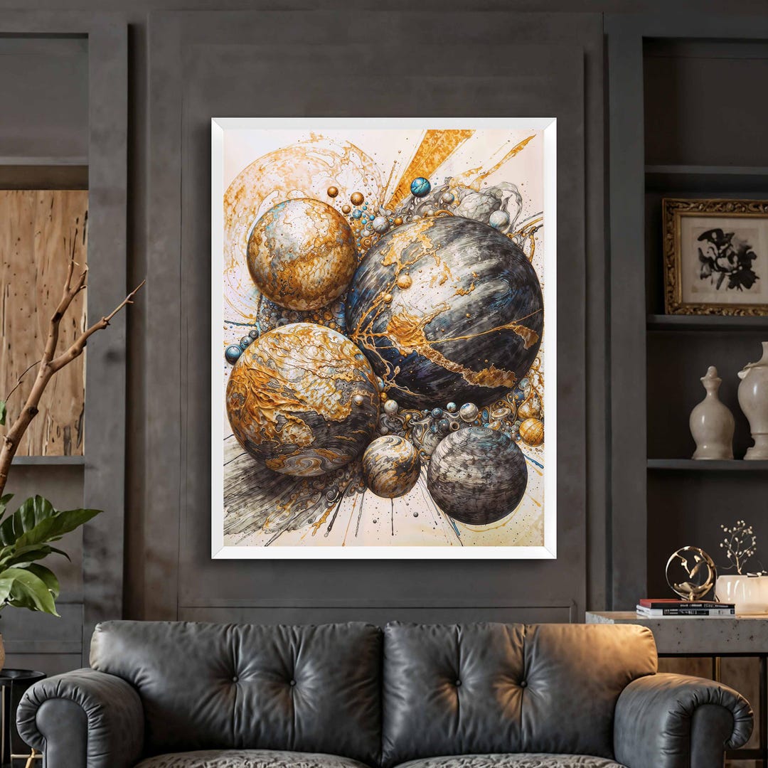EU Celestial Illustration Art in Gold, Gray Planets in Space ...