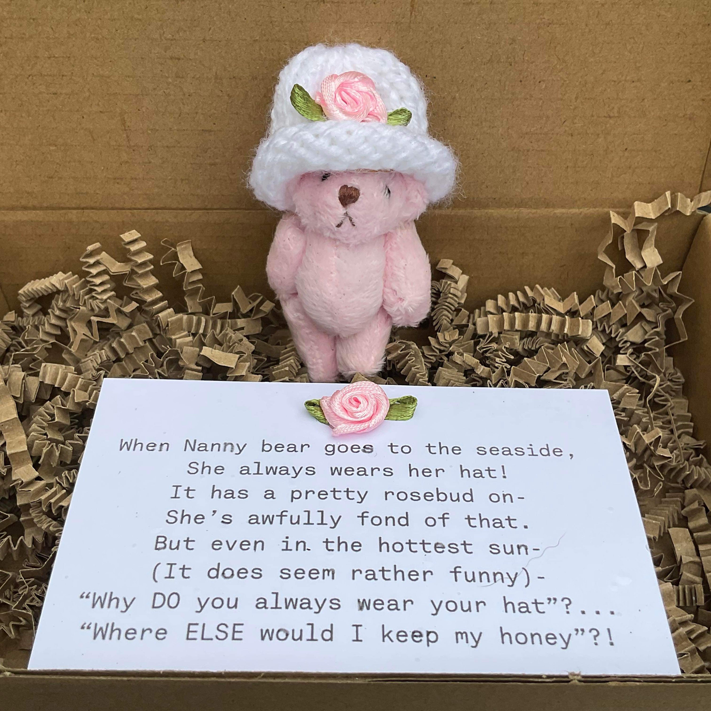 Pocket Bear Hug Gift, Pink Miniature Teddy, Handmade White Knitted Hat ...