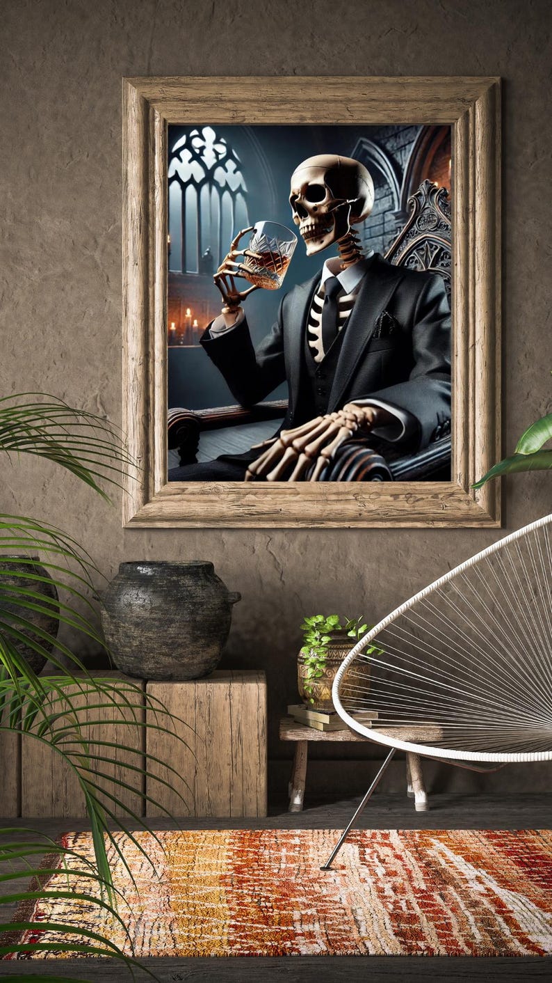 Skeleton Drinking Whiskey, Skeleton Art, Gothic Printable, Wall Art ...
