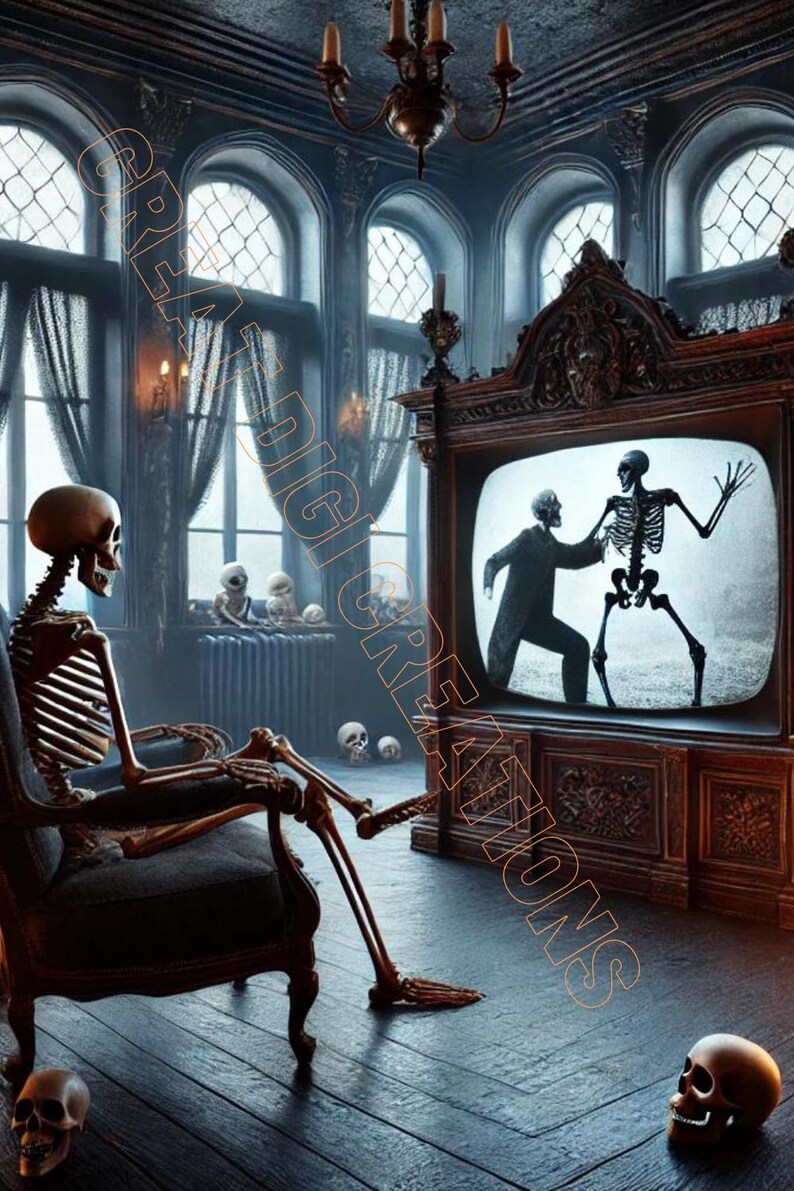 Skeleton Watching TV, Skeleton Art Print, Skull, Gothic Printable, Wall ...
