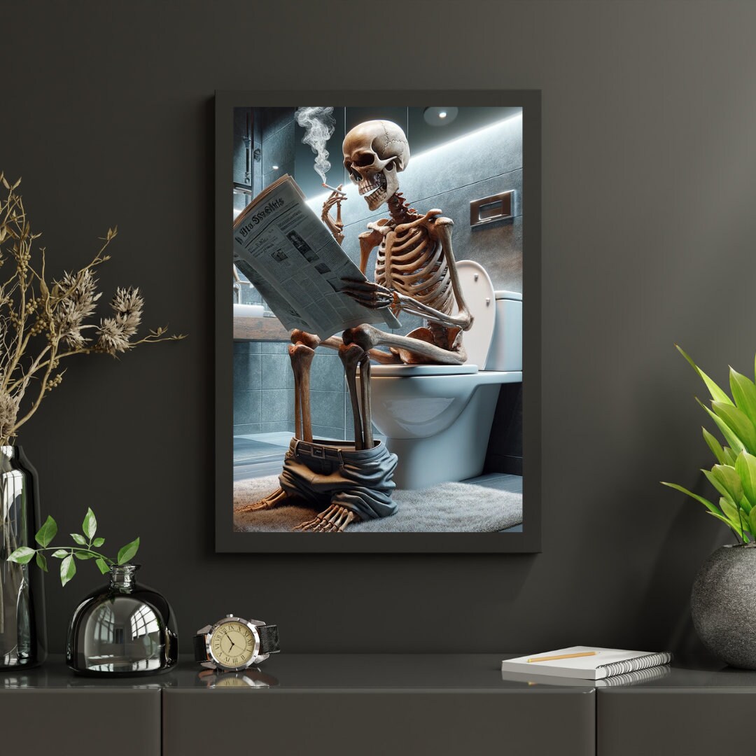Skeleton Smoking at Bathroom, Skeleton Art, Gothic Printable, Wall Art ...