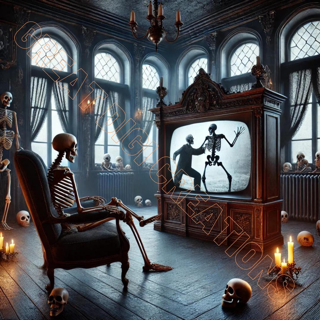 Skeleton Watching TV, Skeleton Art Print, Skull, Gothic Printable, Wall ...