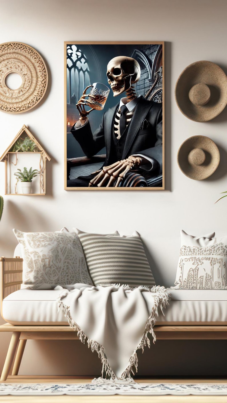 Skeleton Drinking Whiskey, Skeleton Art, Gothic Printable, Wall Art ...