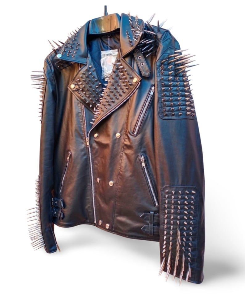 Handmade Long Spiked Black Leather Jacket, Studded Leather Jacket, Punk ...