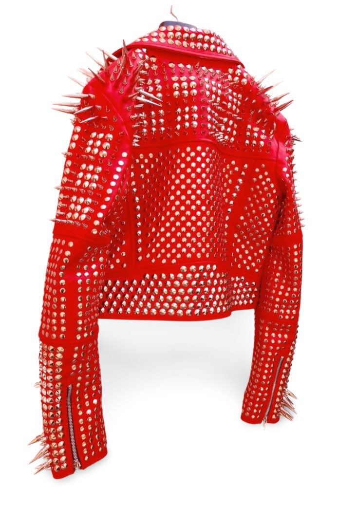 Women Long Spiked Studded Leather Jacket, Red Leather Jacket, Biker ...