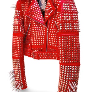 Women Long Spiked Studded Leather Jacket, Red Leather Jacket, Biker ...