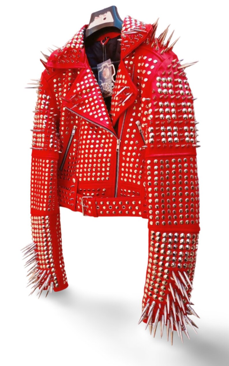 Women Long Spiked Studded Leather Jacket, Red Leather Jacket, Biker ...