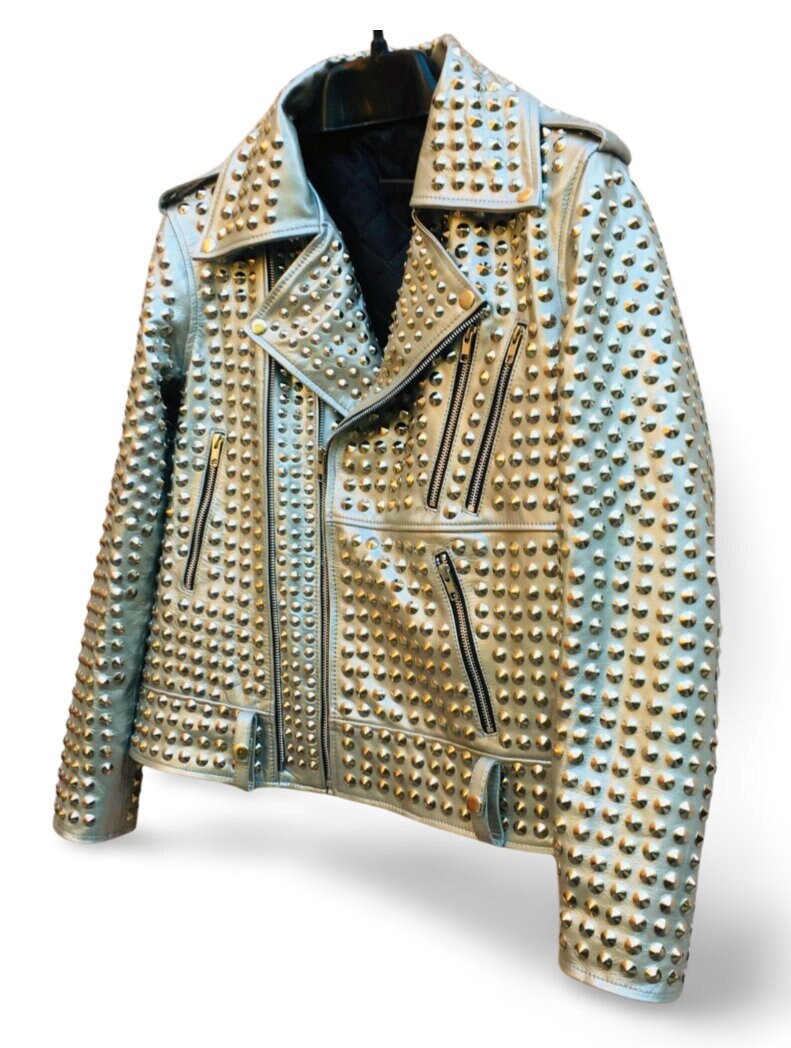 Studded Leather Jacket, Silver Leather Jacket, Handmade Leather Jacket ...