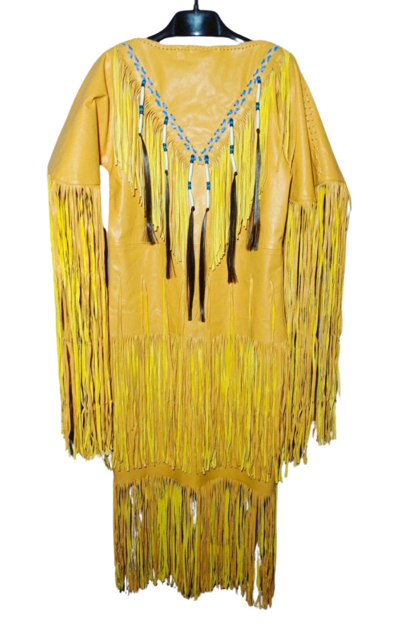 Native American Tan Color Long Fringes Wedding Dress With Bead & Bone ...