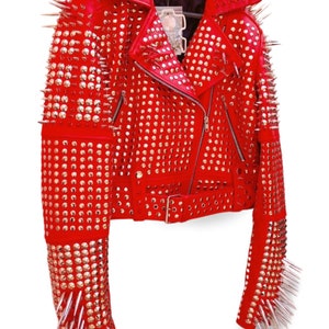 Women Long Spiked Studded Leather Jacket, Red Leather Jacket, Biker ...