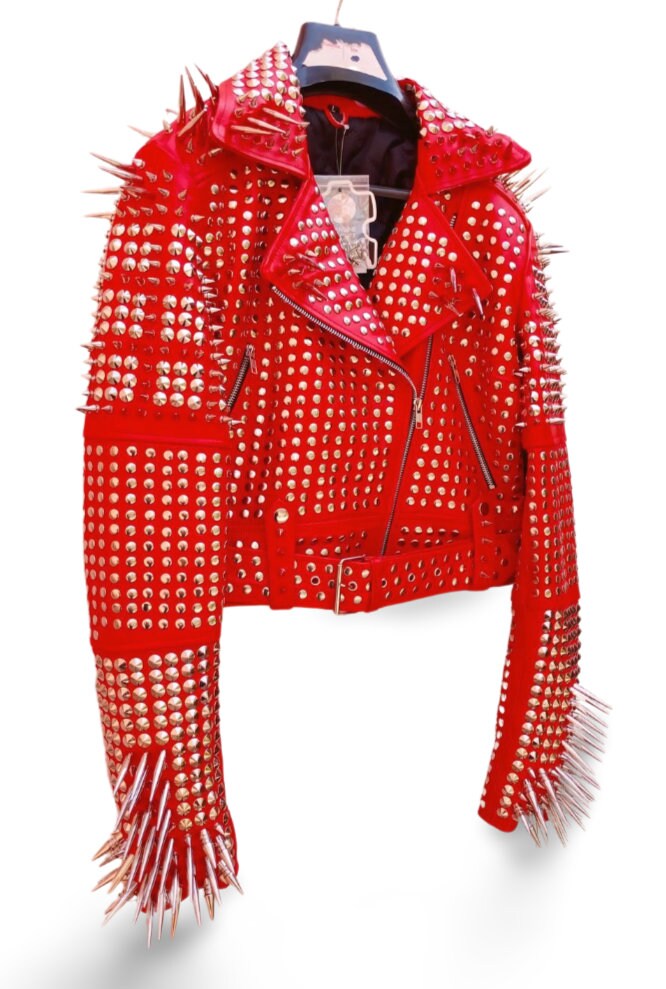 Women Long Spiked Studded Leather Jacket, Red Leather Jacket, Biker ...