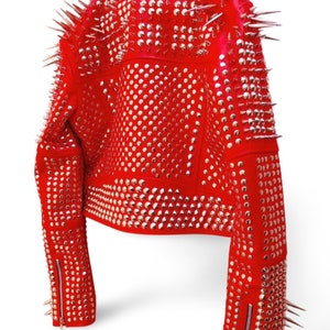 Women Long Spiked Studded Leather Jacket, Red Leather Jacket, Biker ...