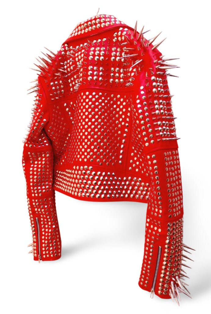 Women Long Spiked Studded Leather Jacket, Red Leather Jacket, Biker ...