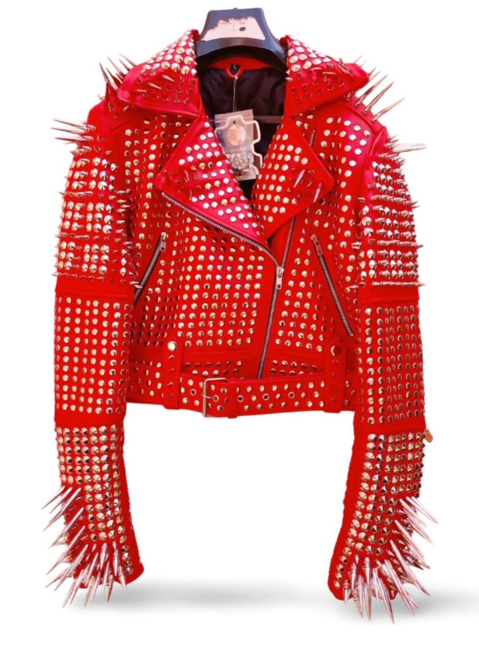 Women Long Spiked Studded Leather Jacket, Red Leather Jacket, Biker ...