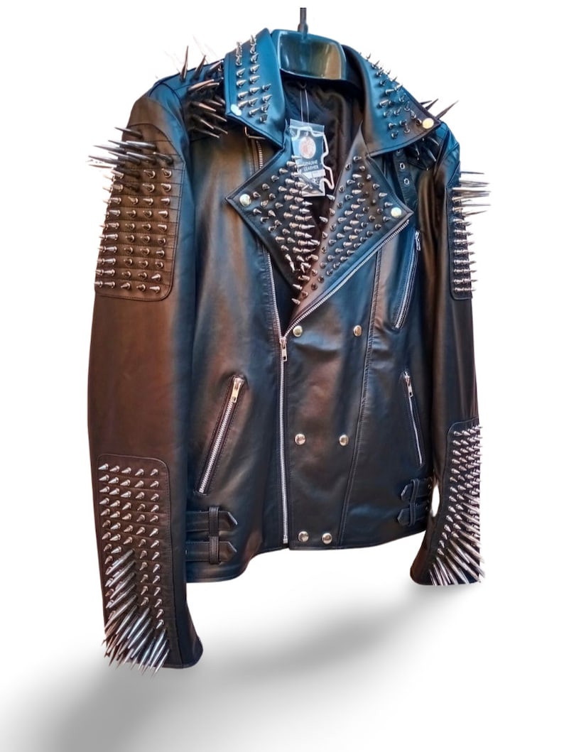 Handmade Long Spiked Black Leather Jacket, Studded Leather Jacket, Punk ...