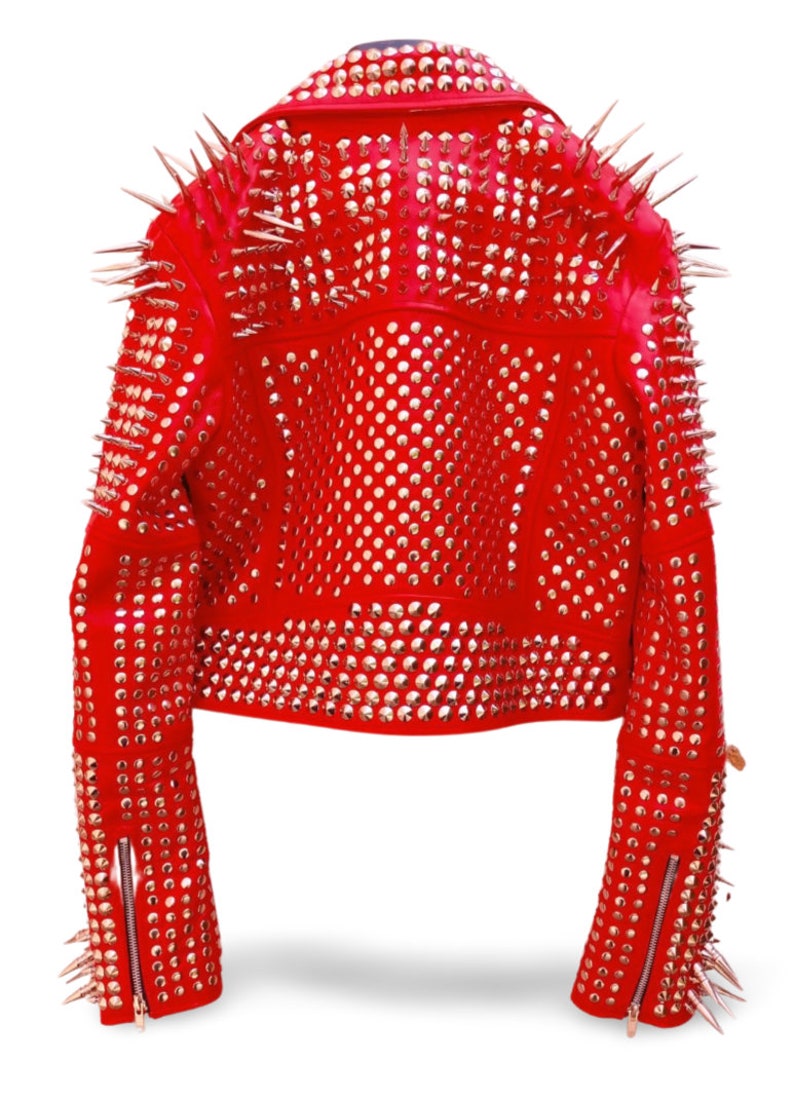 Women Long Spiked Studded Leather Jacket, Red Leather Jacket, Biker ...
