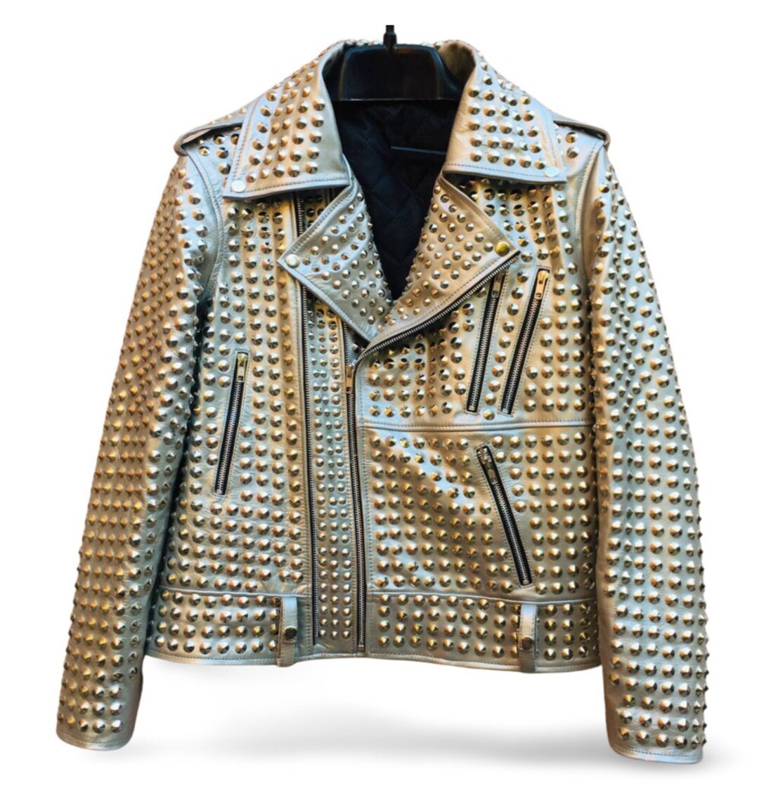 Studded Leather Jacket, Silver Leather Jacket, Handmade Leather Jacket ...