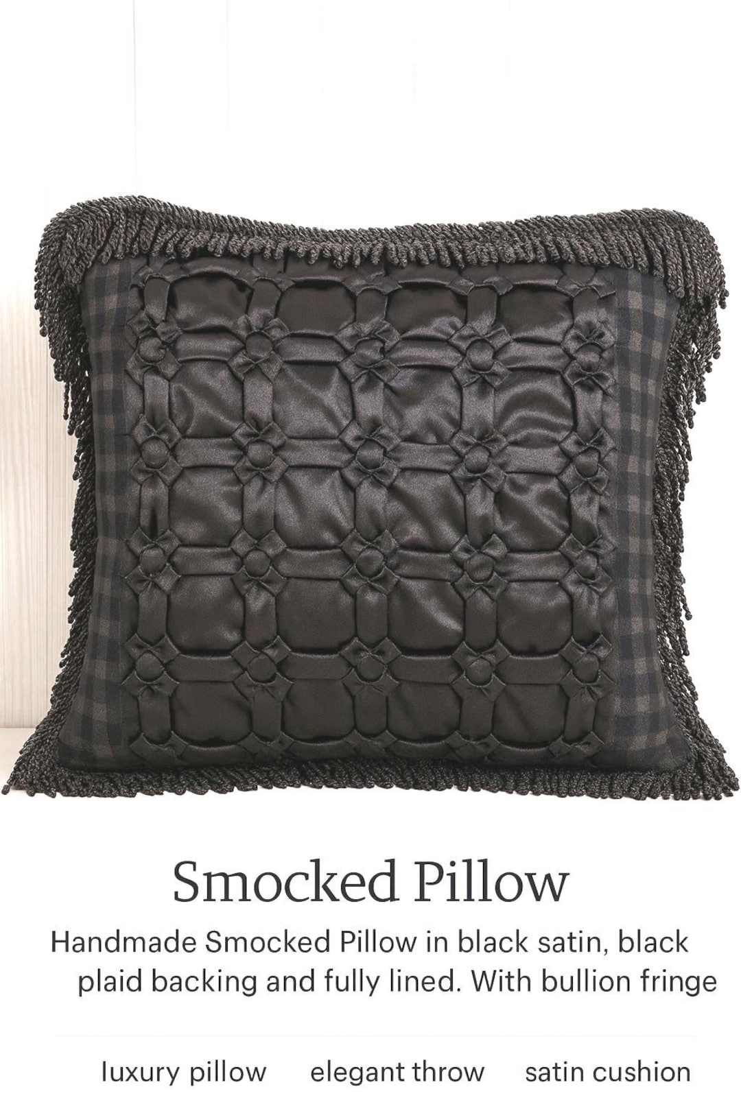Handmade Black Satin Smocked Pillow: Bullion Fringe, Plaid Back - Etsy