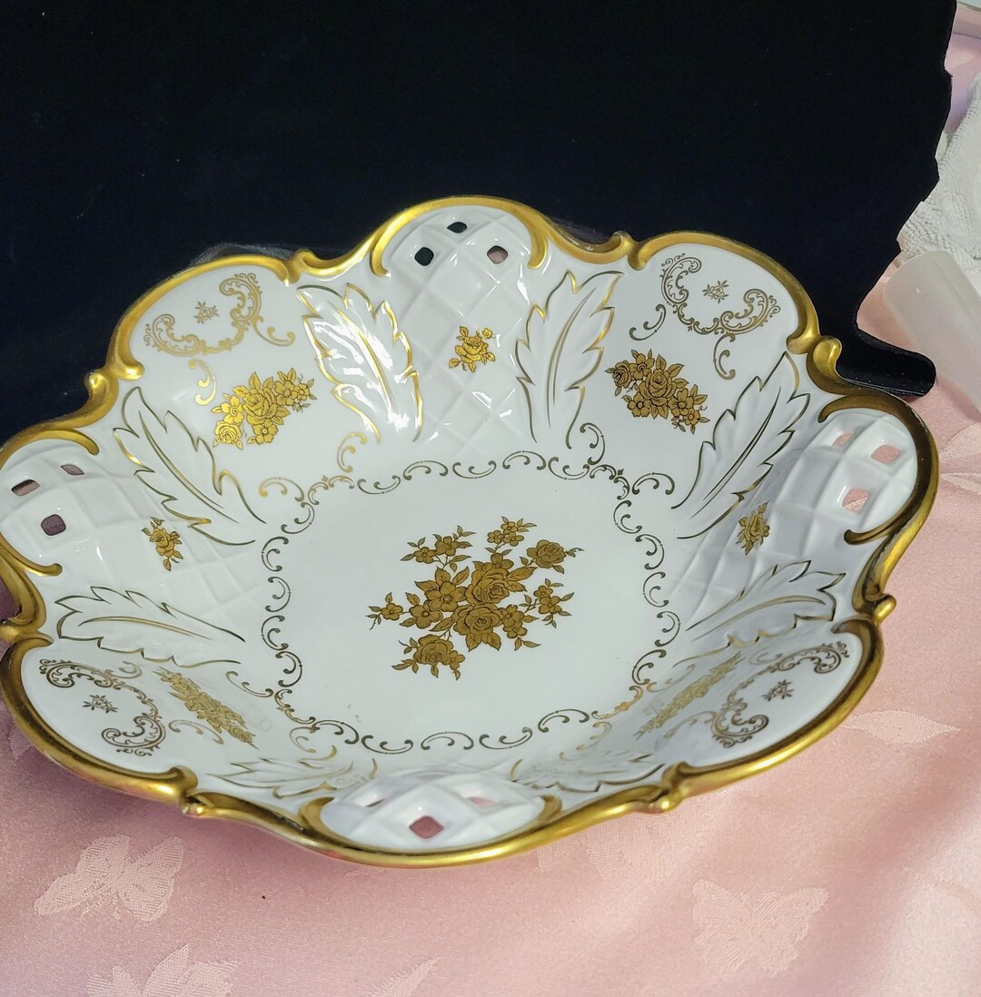 Rosenthal Bavaria Footed Porcelain Bowl Gold Gilt Pierced Rim German ...